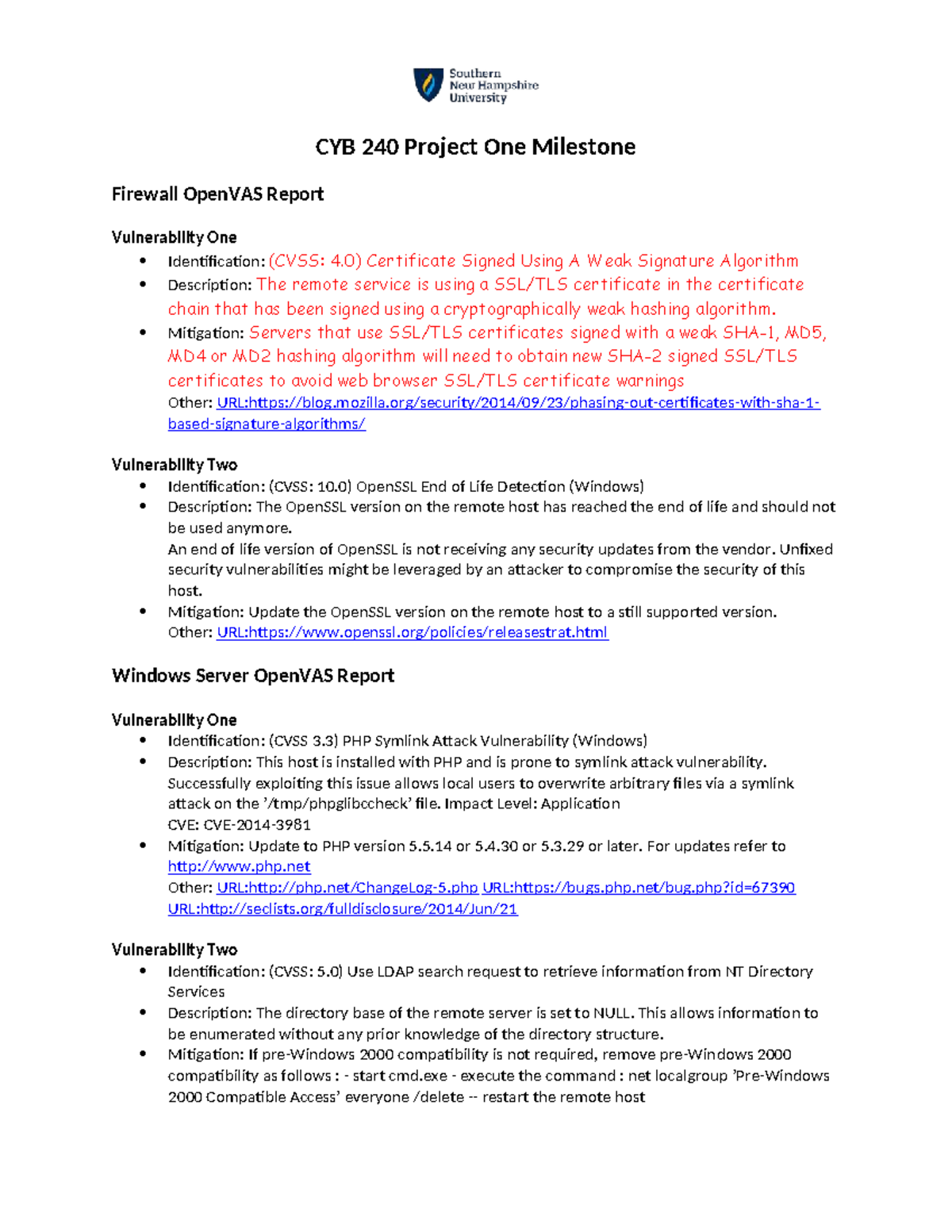 CYB 240 Project One Milestone: OpenVAS Firewall Vulnerability Report ...