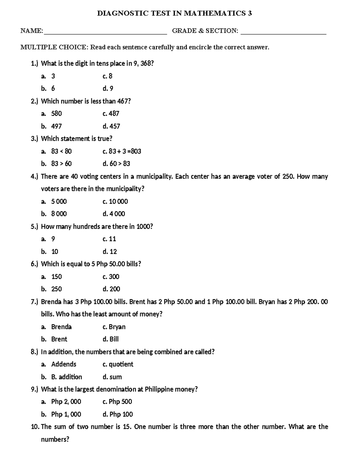 Diagnostic Test in Mathematics 3: Grade 3 Assessment Questions - Studocu