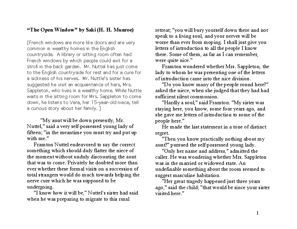 ENG 101: Essay Notes on "The Open Window" by Saki - Studocu