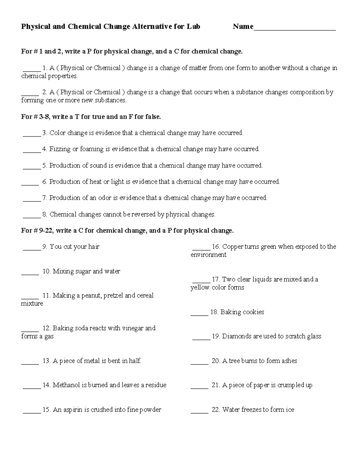 Physical and Chemical Change Lab Alternative Exercise Activity - Studocu