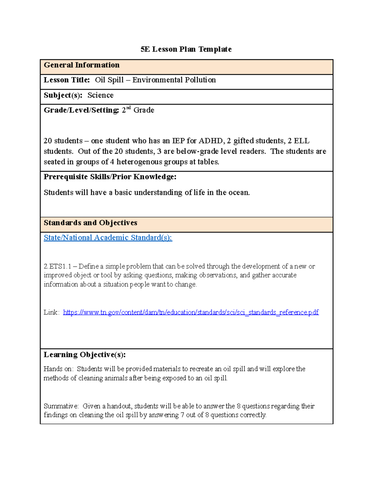 WGU 5E Lesson Plan - 2nd Grade - Oil Spill - 5E Lesson Plan Template ...