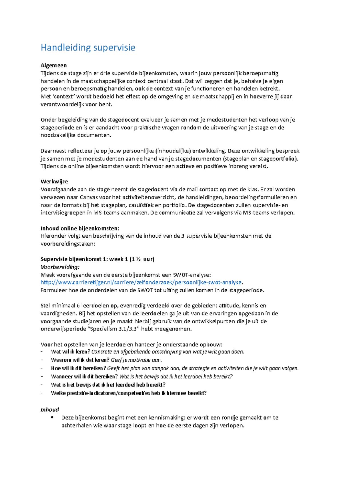 Handleiding voor Supervisie (Stage) - Bijeenkomsten en Reflectie - Studeersnel