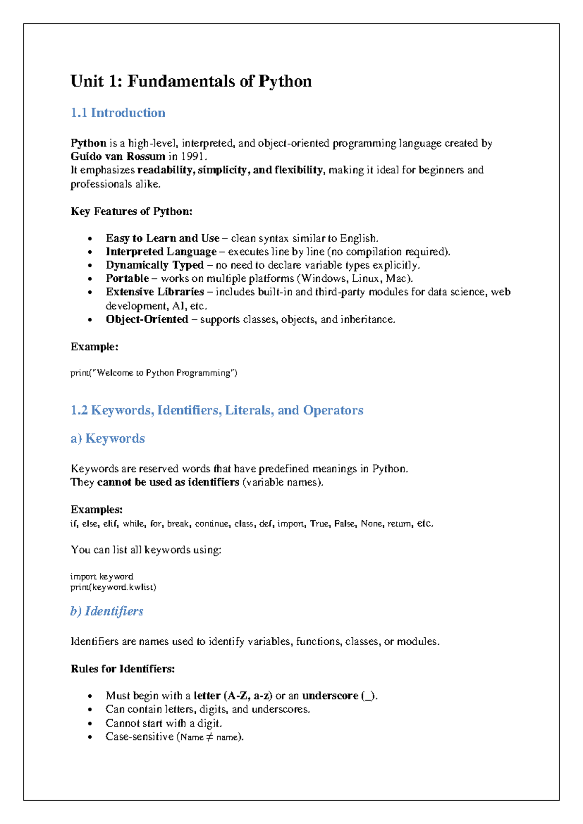 MCA Python Notes SEM-I: Unit 1 Fundamentals and Key Concepts - Studocu