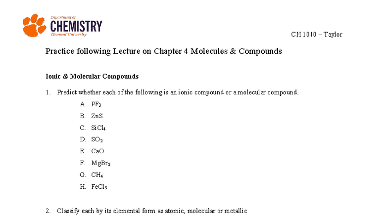CH 1010 Taylor Practice for Lectures on Chapter 4: Compounds & Ions ...