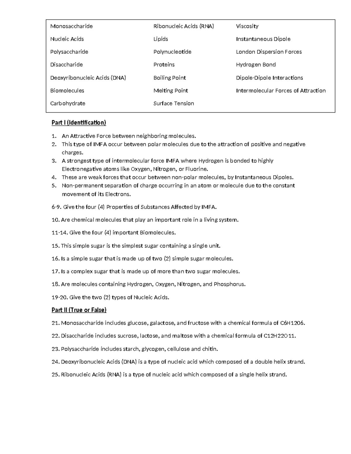 Quiz on Biomolecules and Intermolecular Forces (Part I & II) - Studocu