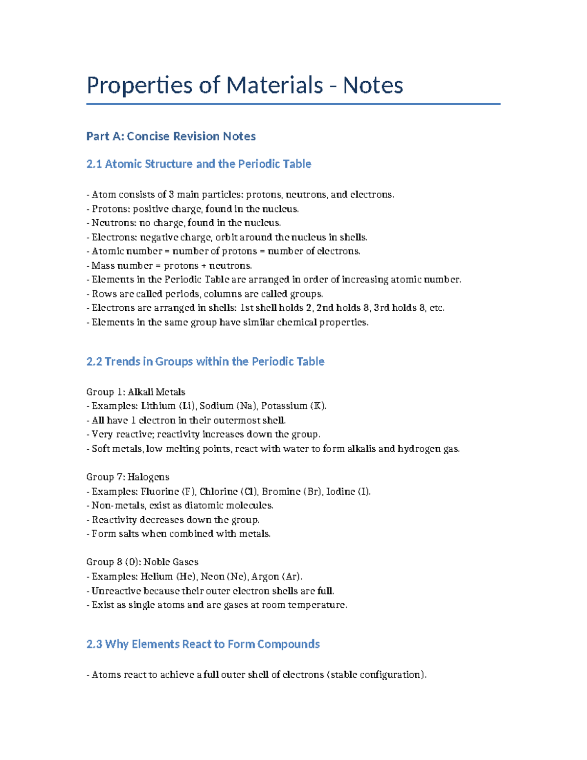 Properties of Materials Notes: Atomic Structure & Periodic Trends - Studocu