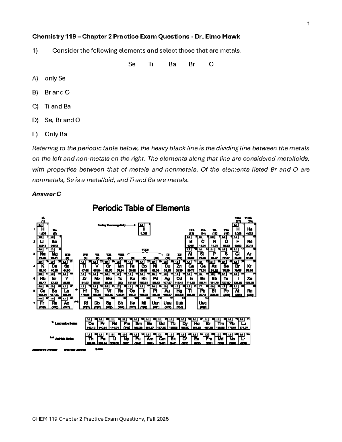 CHEM 119 Chapter 2 Practice Exam Questions - Fall 2025 - Studocu
