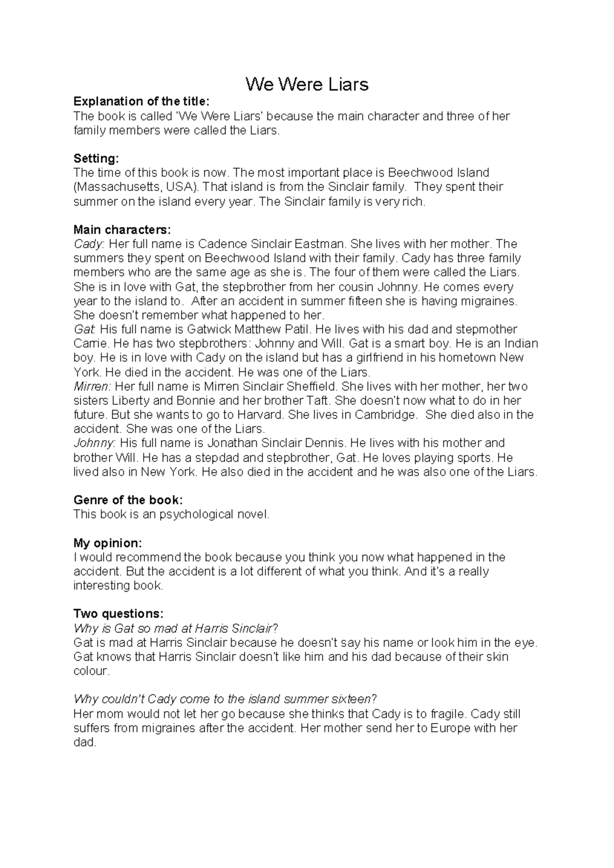 We Were Liars: Analysis of Characters and Themes in the Novel - Studeersnel