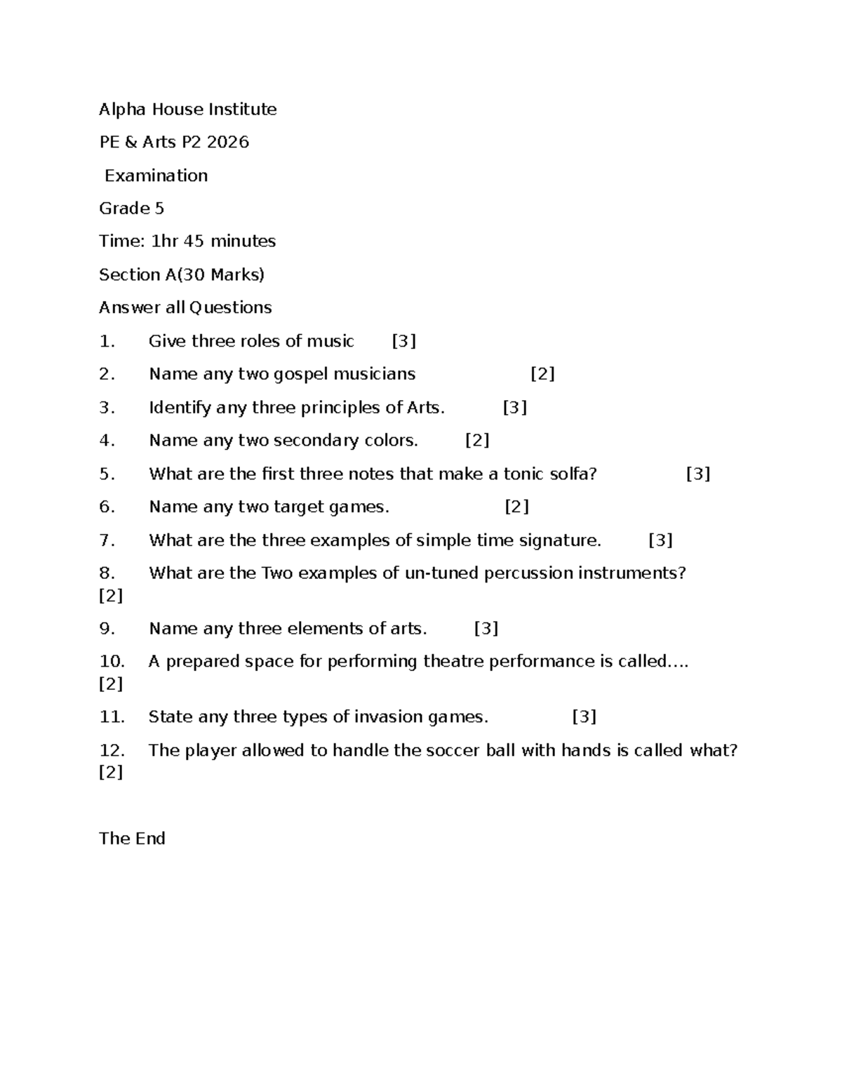 G5 PE Arts P2 Exam Paper - Alpha House Institute 2026 - Studocu