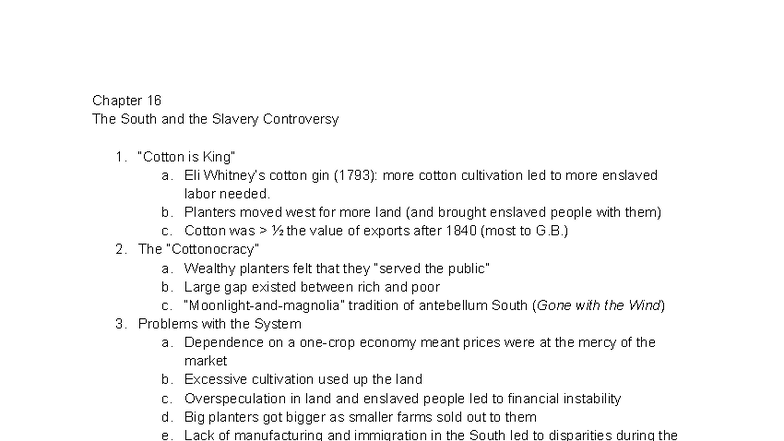 Chapter 16: The South and the Slavery Controversy in U.S. History - Studocu