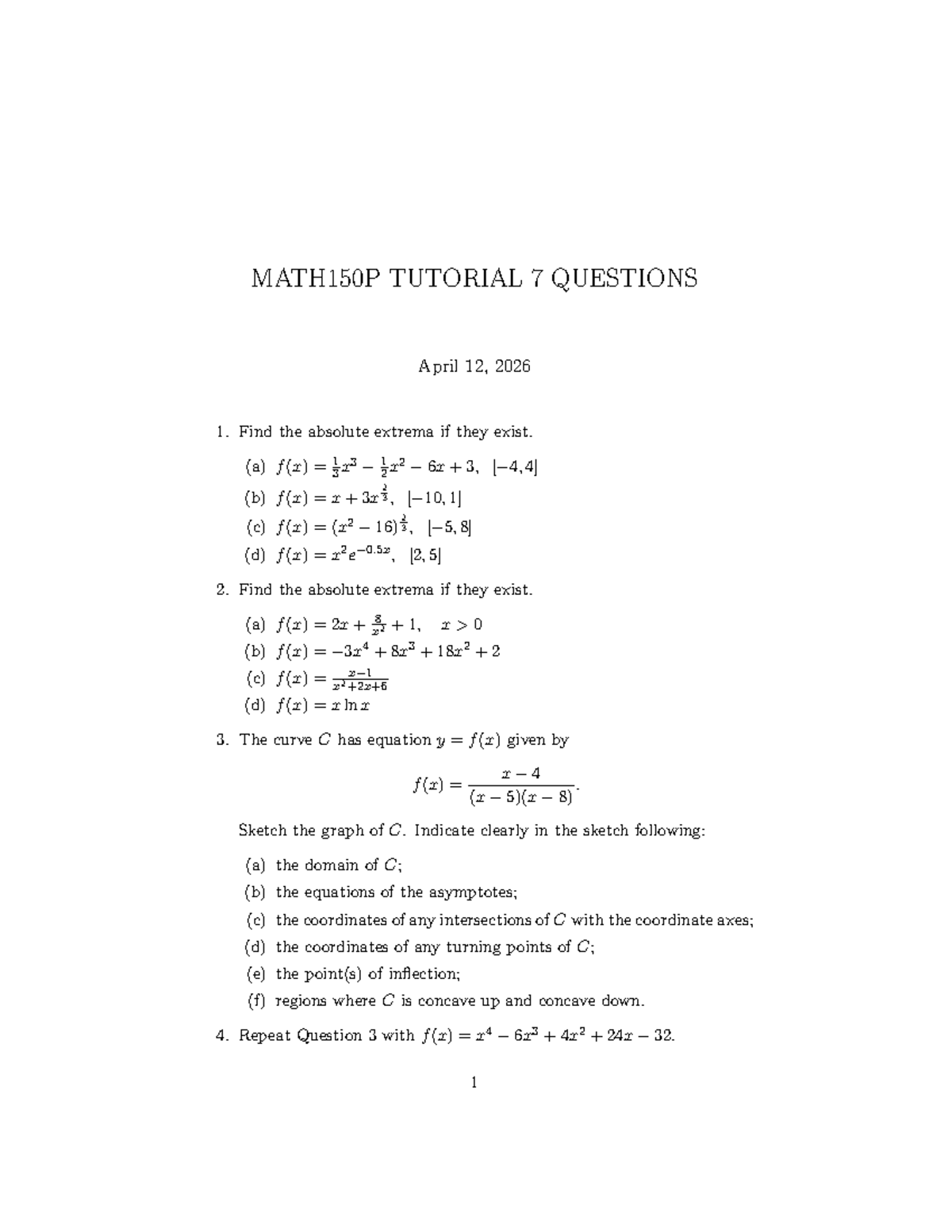 MATH150P Tutorial 7 Questions - Studocu