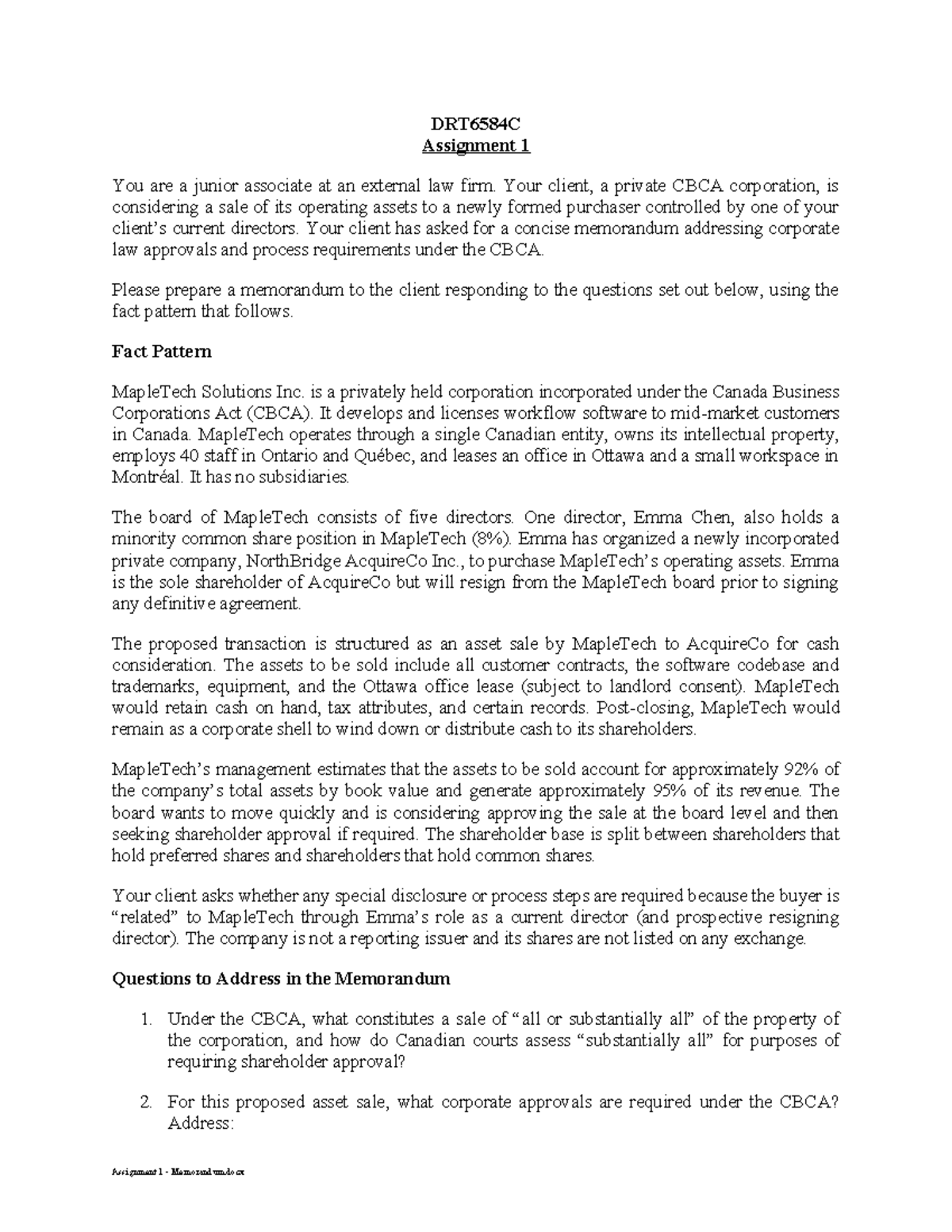 DRT6584C Assignment 1: Corporate Law Memorandum on Asset Sale - Studocu