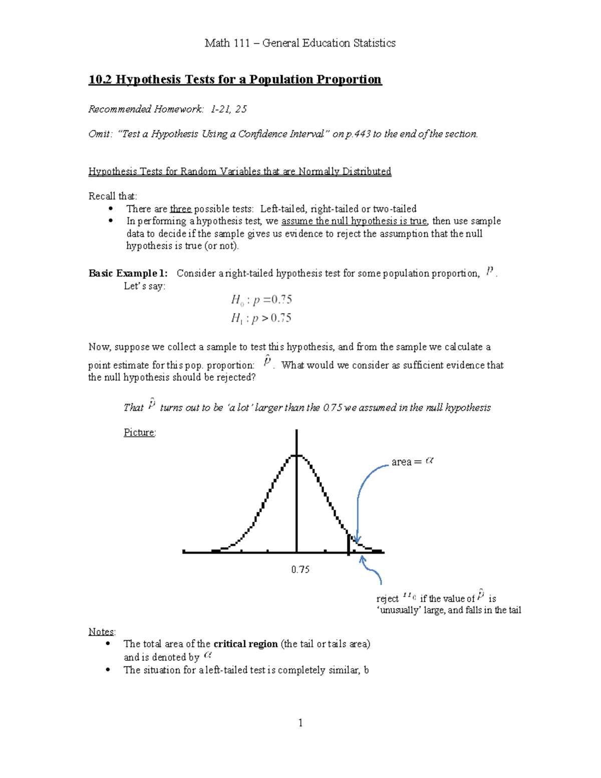 Math 111 - General Education Statistics: Hypothesis Testing for ...