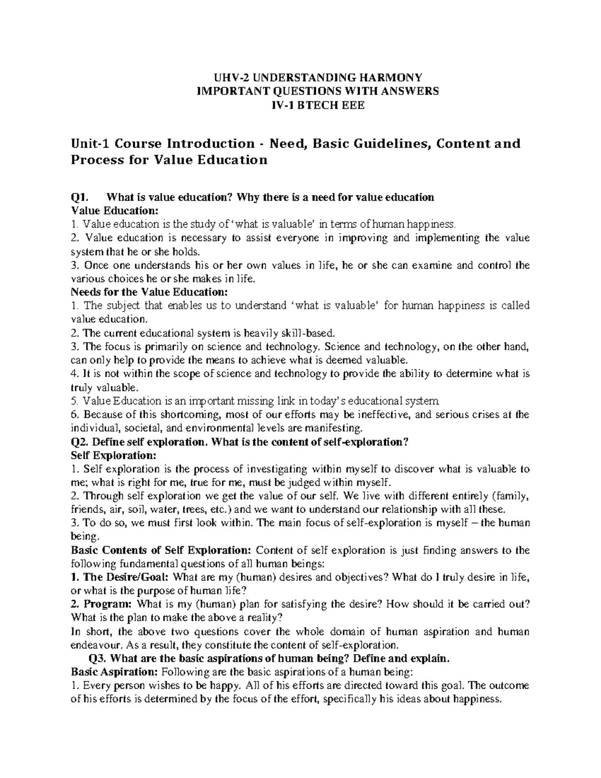 UHV-2 Important Questions with Answers for BTECH EEE Unit-1 & 2 - Studocu