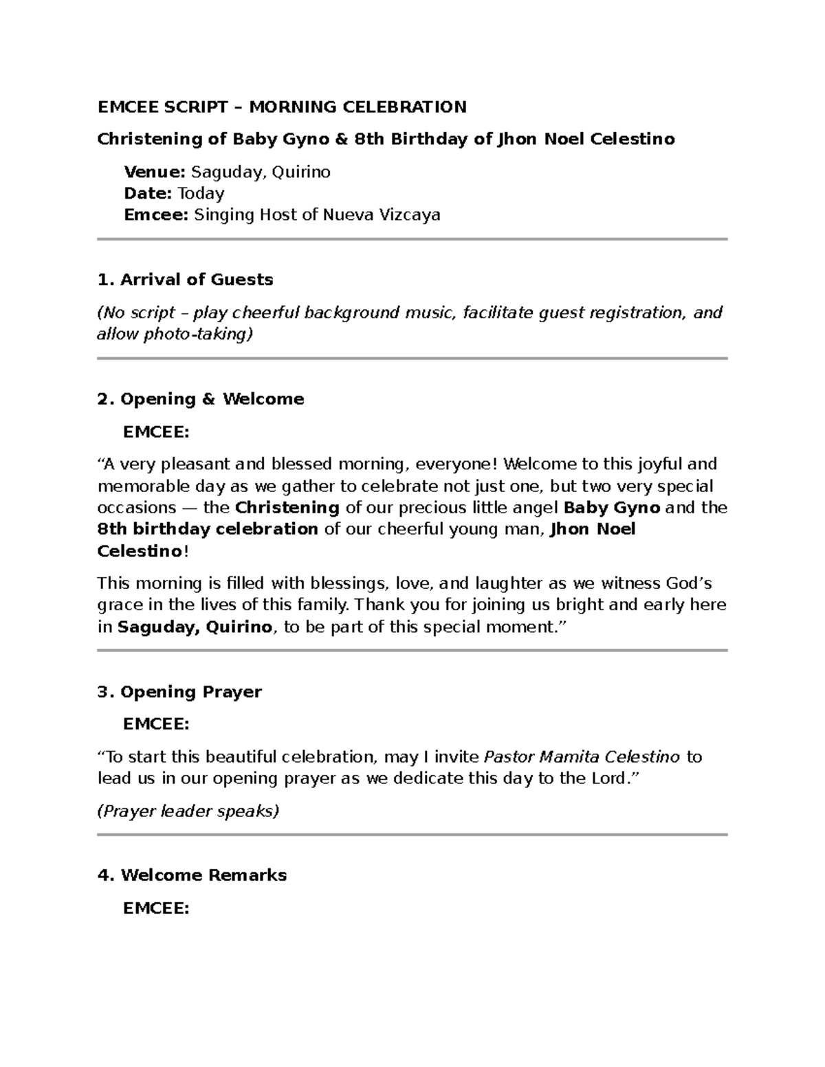 EMCEE SCRIPT: Christening of Ba Gyno & Jhon Noel's 8th Birthday Celebration - Studocu