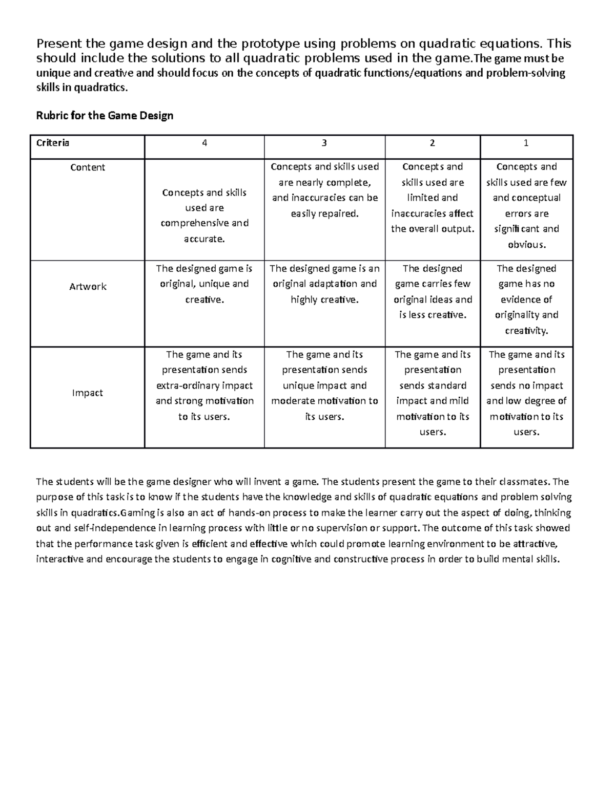 Game Design Performance Task: Creative Solutions for Quadratic ...