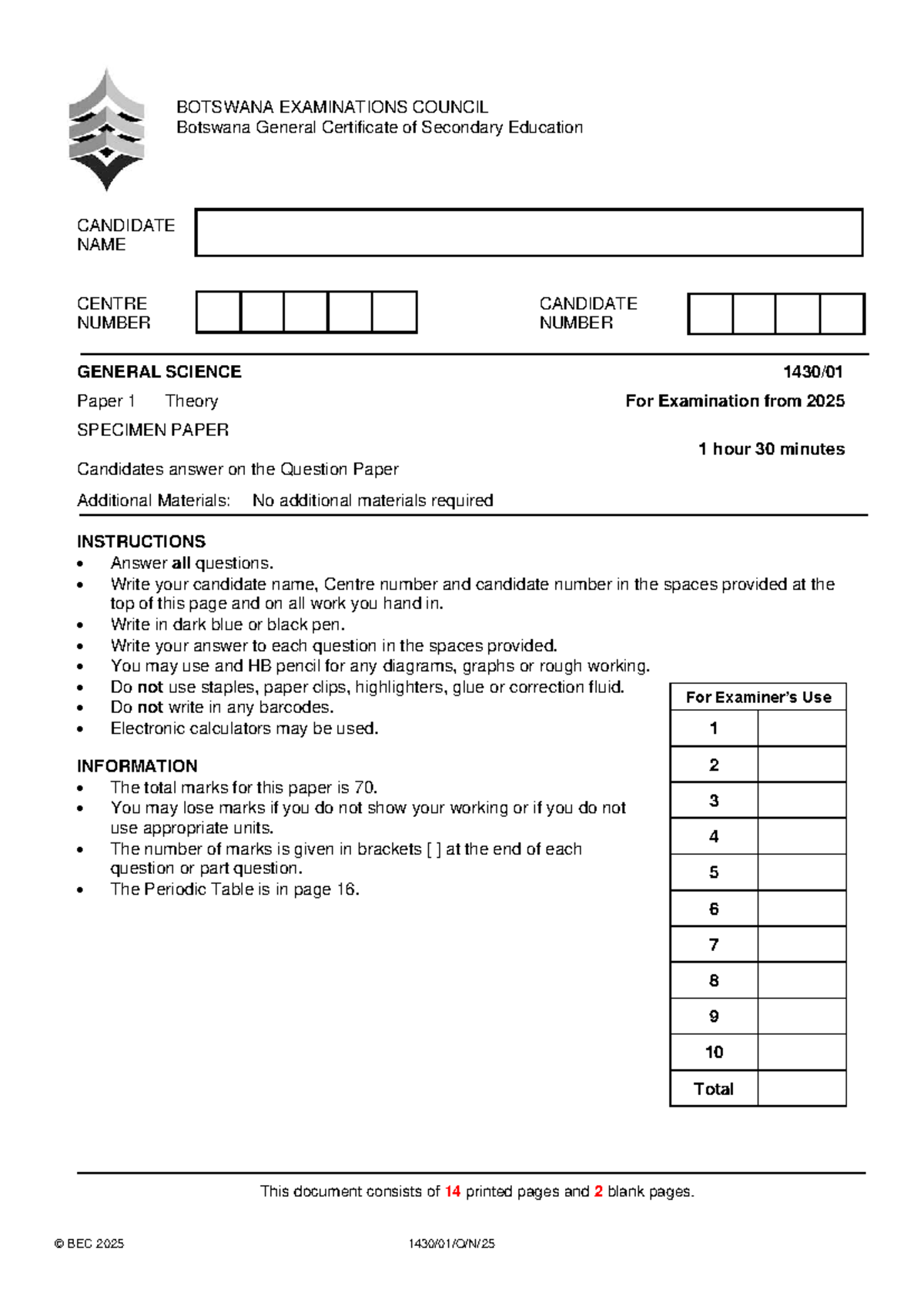 1430 General Science Specimen Paper 1 for BEC 2025 Exam - Studocu