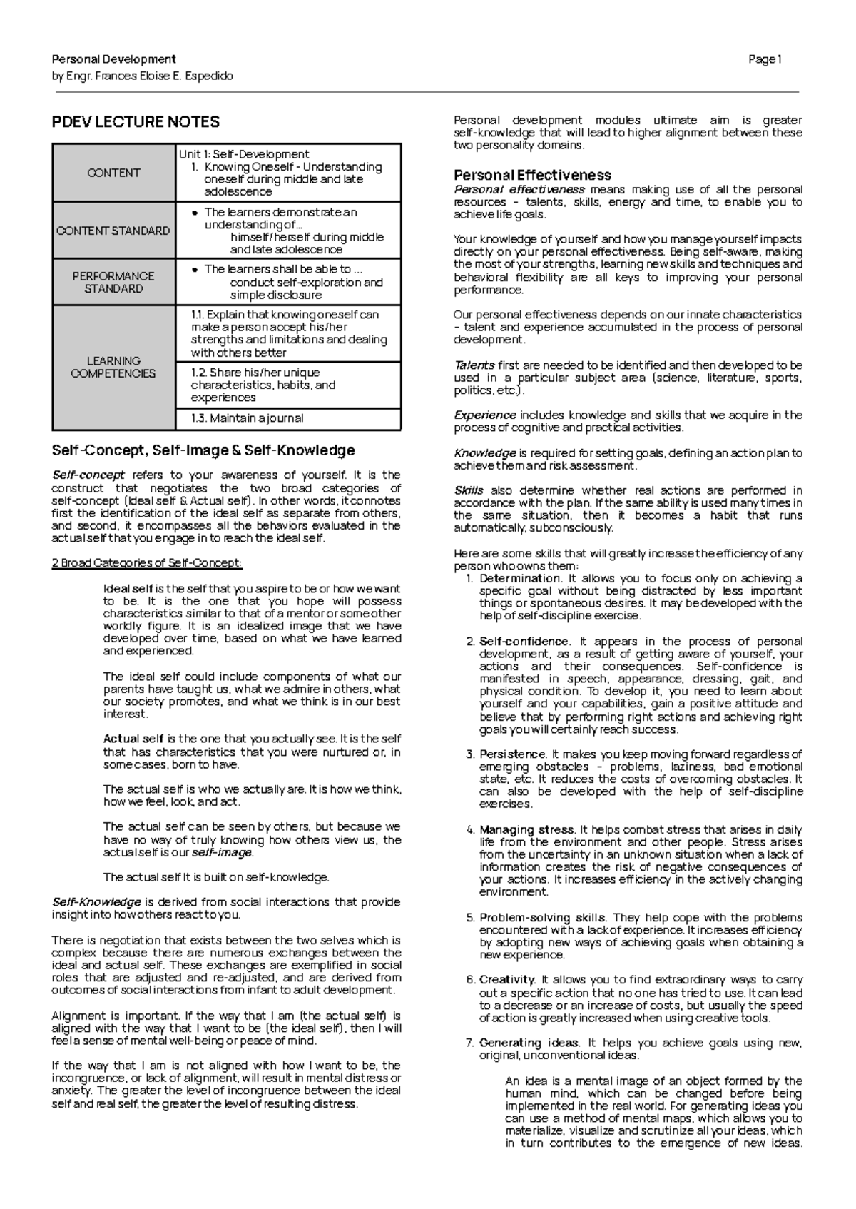 PDEV LECTURE NOTES: Understanding Oneself in Personal Development - Studocu