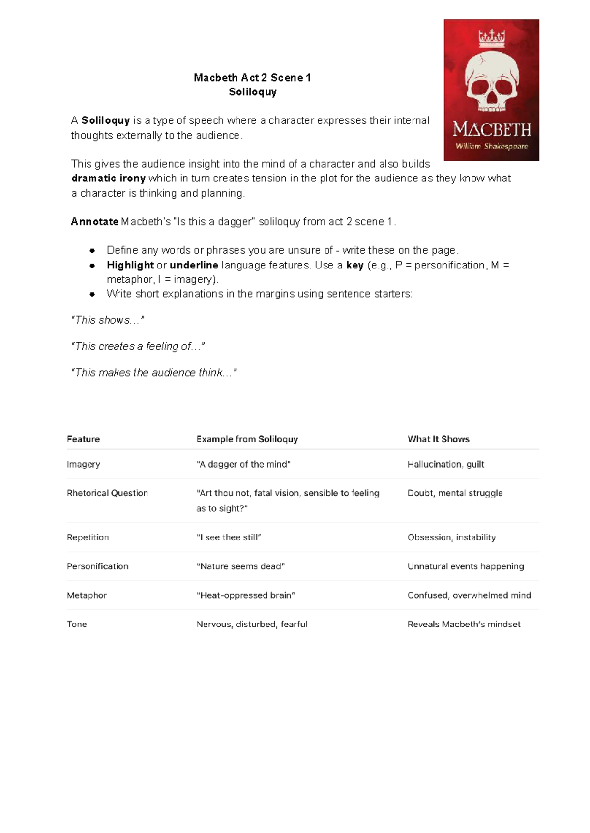 Macbeth (ENG 101) Act 2 Scene 1 Soliloquy Annotation Guide - Studocu
