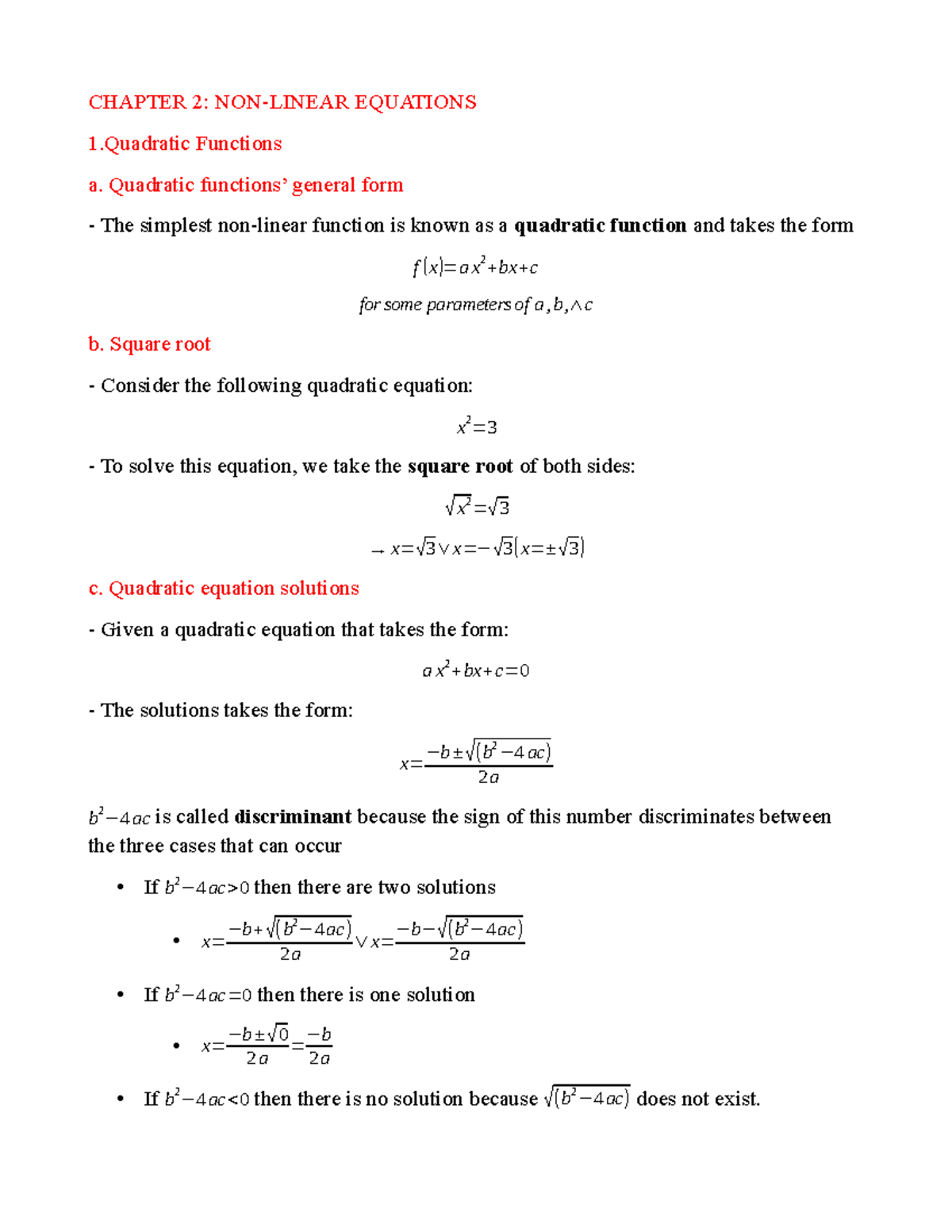 Chapter 2 - CHAPTER 2: NON-LINEAR EQUATIONS 1 Functions a. Quadratic ...