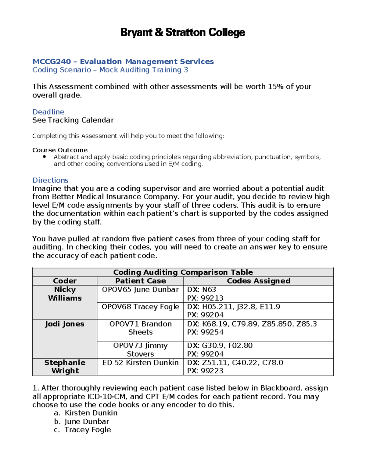 MCCG240 - Mock Auditing Training 3: E/M Coding Evaluation Guide - Studocu