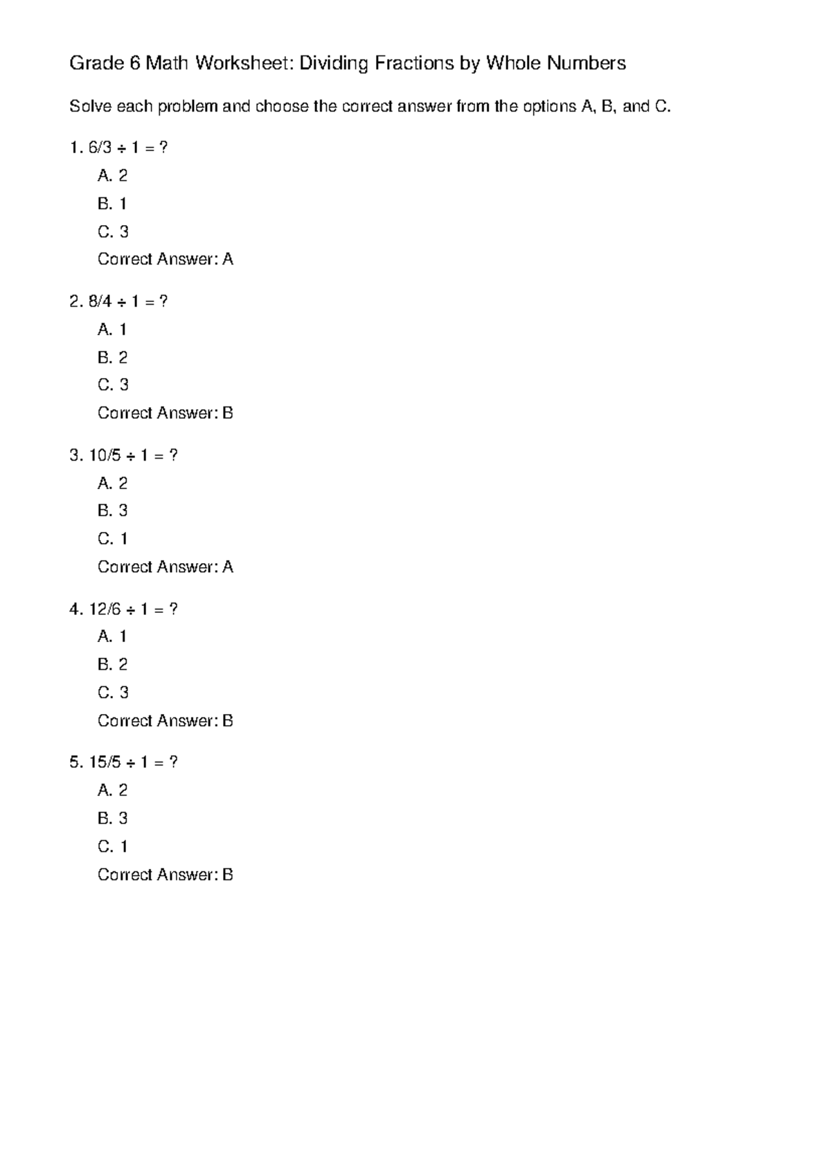 Grade 6 fraction division worksheet - Grade 6 Math Worksheet: Dividing ...