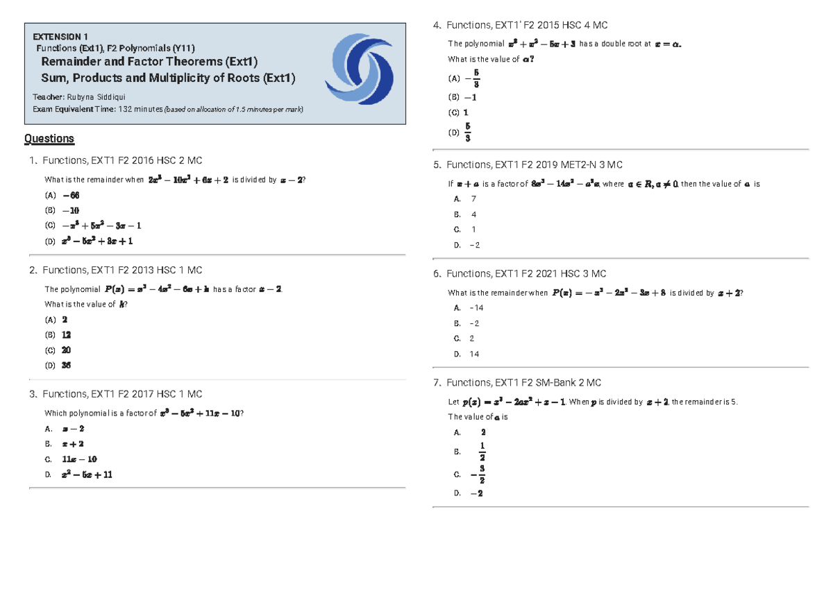 Polynomials (Yr 11): HSC Exam Questions & MC Practice (EXT1 F2) - Studocu