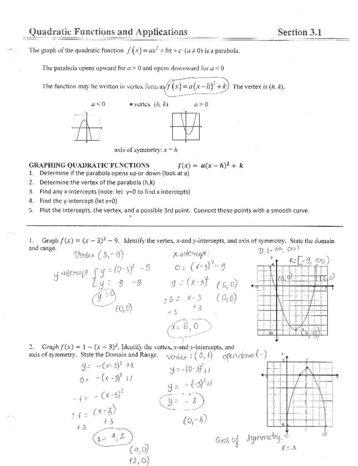 Quadratic Functions and Applications - The parabola opens upward for 0 ...