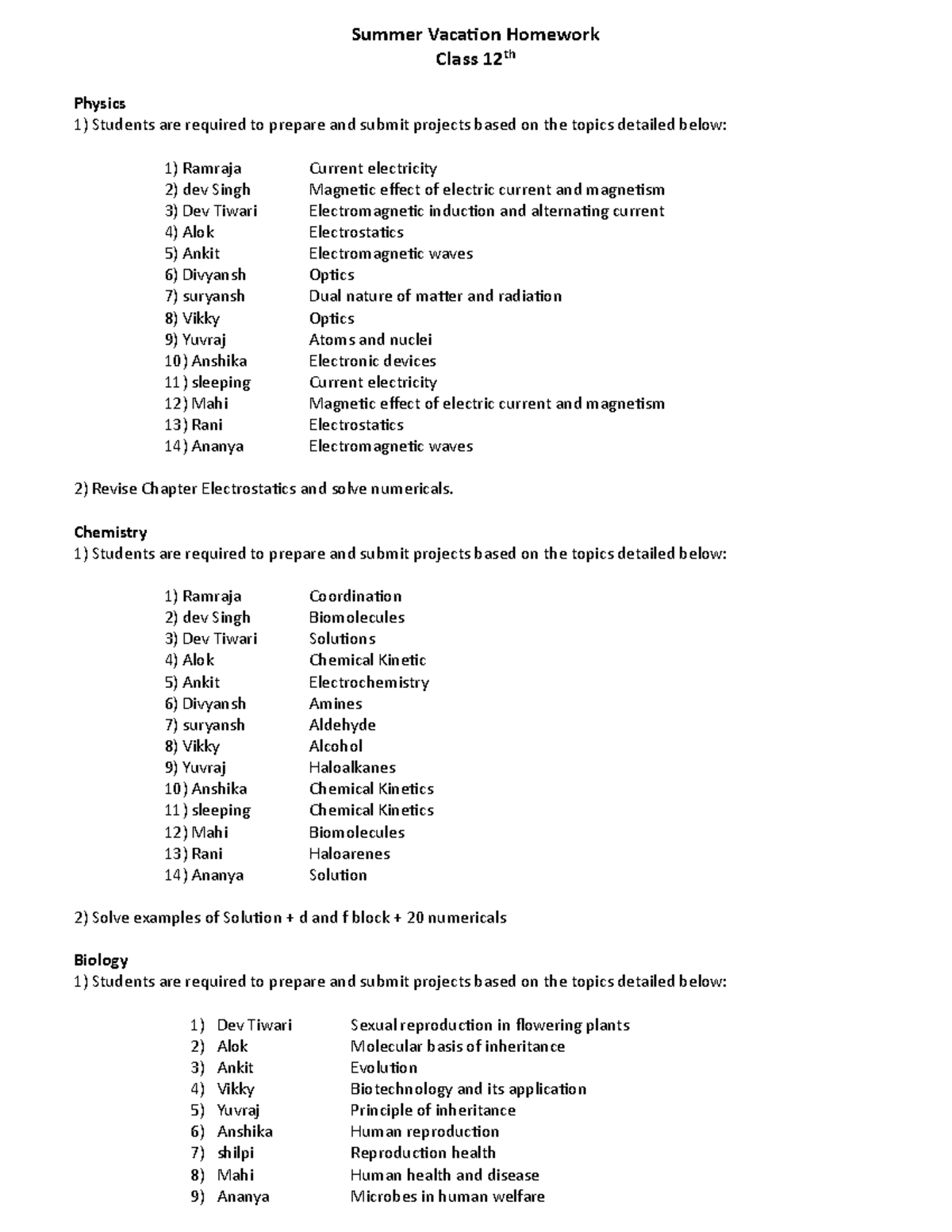 12th Grade Summer Vacation Homework Assignments - Studocu