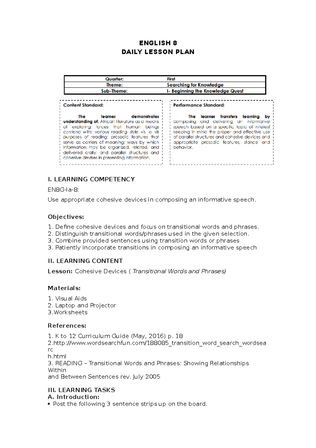 English 8 DLL Cohesive Device - ENGLISH 8 DAILY LESSON PLAN I. LEARNING ...