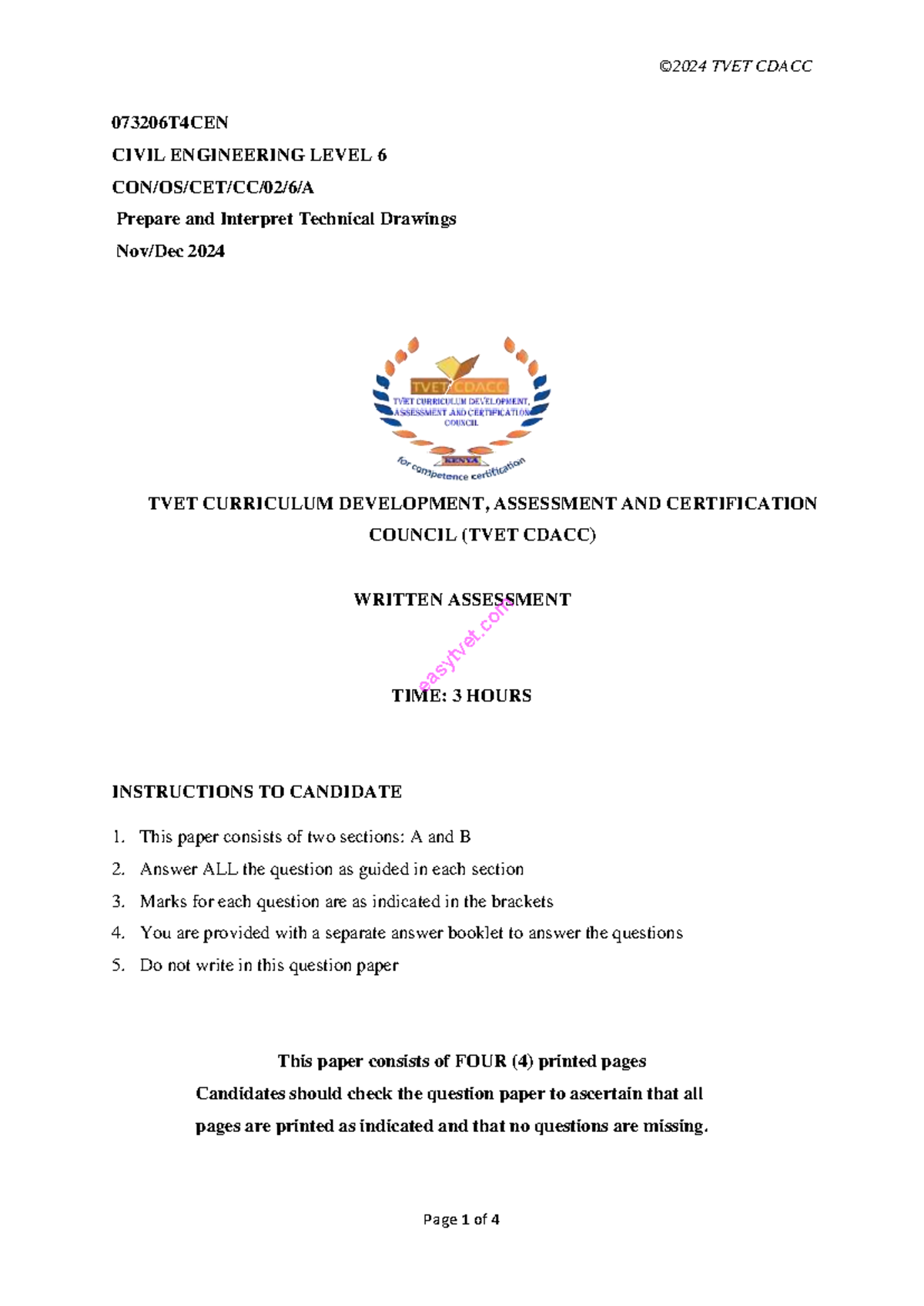 TVET CDACC 073206T4CEN Civil Engineering Level 6 Technical Drawings ...