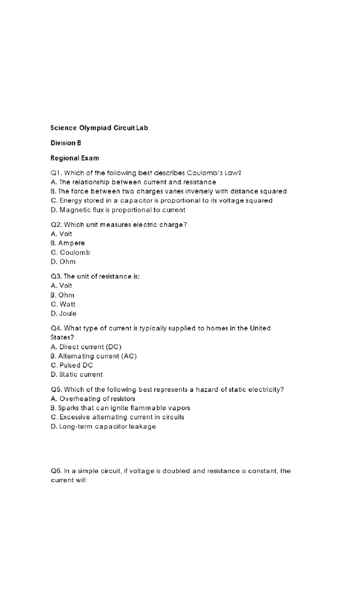 Science Olympiad Circuit Lab Division B Regional Exam Sample Tests 2026 ...