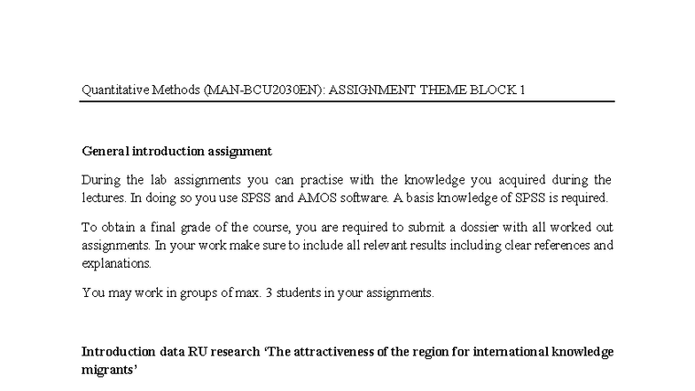 Quantitative Methods ASSIGNMENT THEME BLOCK 1: Intro & Linear ...