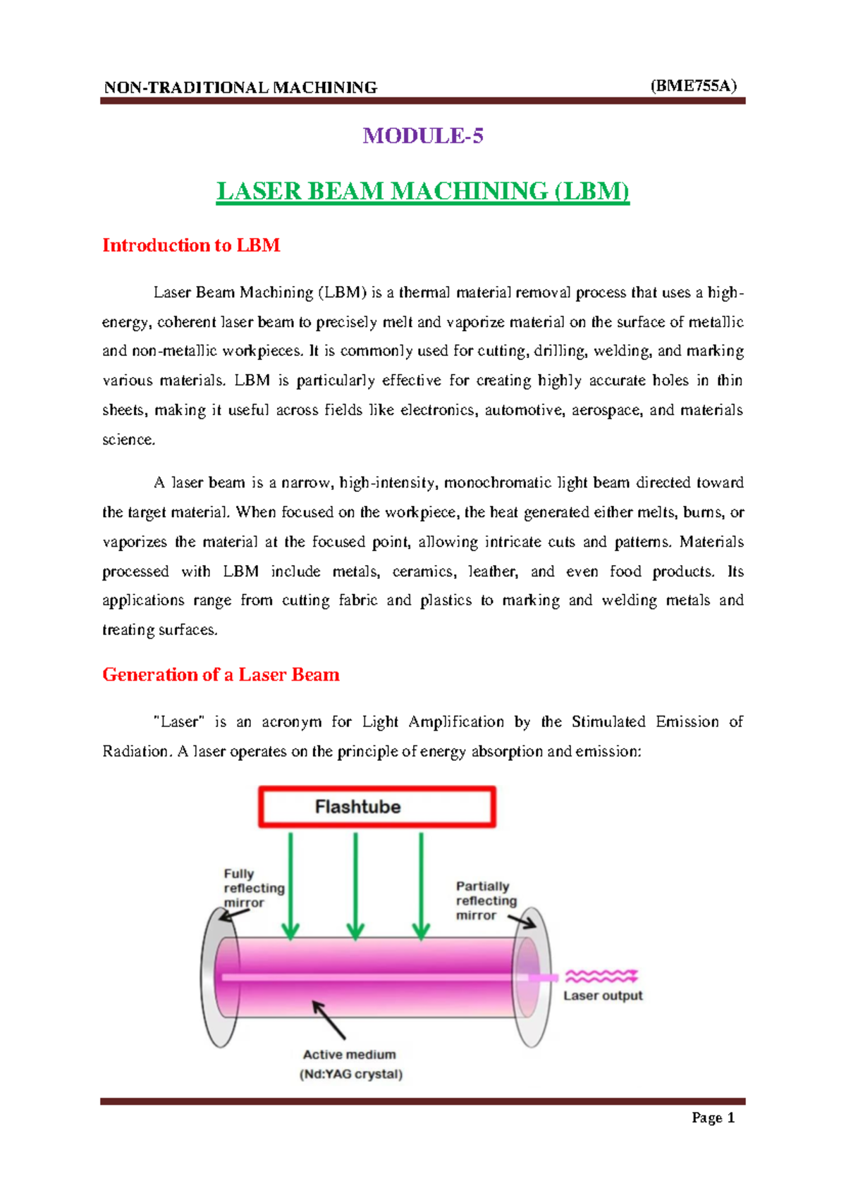 MACHINING (BME755A) Overview of Laser Beam and Electron Beam Machining ...