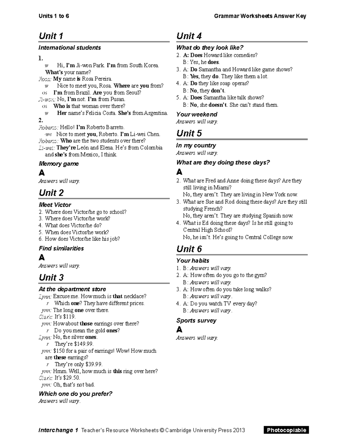 Interchange 4th Ed Level 1 Grammar Worksheets Answer Key (Units 1-12 ...