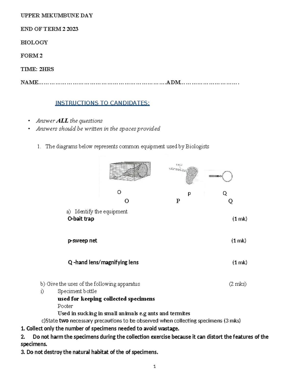 Biology Form 2 End of Term 2 Exam 2023 - UPPER MIKUMBUNE - Studocu
