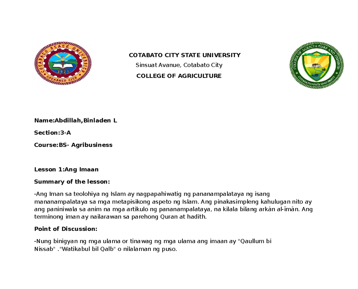 Cotabato CITY State UN - COTABATO CITY STATE UNIVERSITY Sinsuat Avanue, Cotabato City COLLEGE OF ...