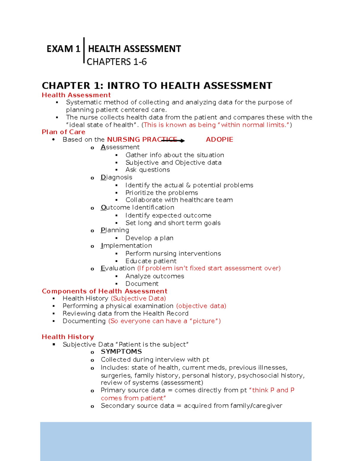 EXAM 1 Nursing Health Assessment: Key Concepts & Data Collection - Studocu