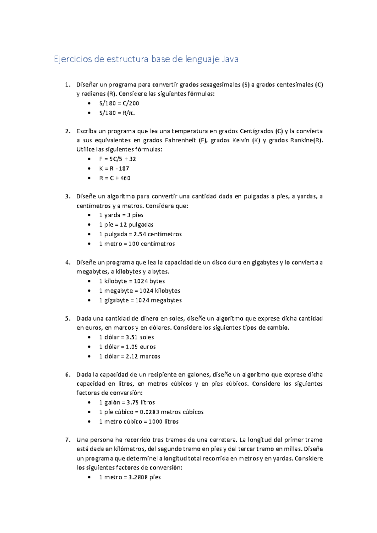 Ejercicios de Conversión y Algoritmos en Java 1 - Studocu