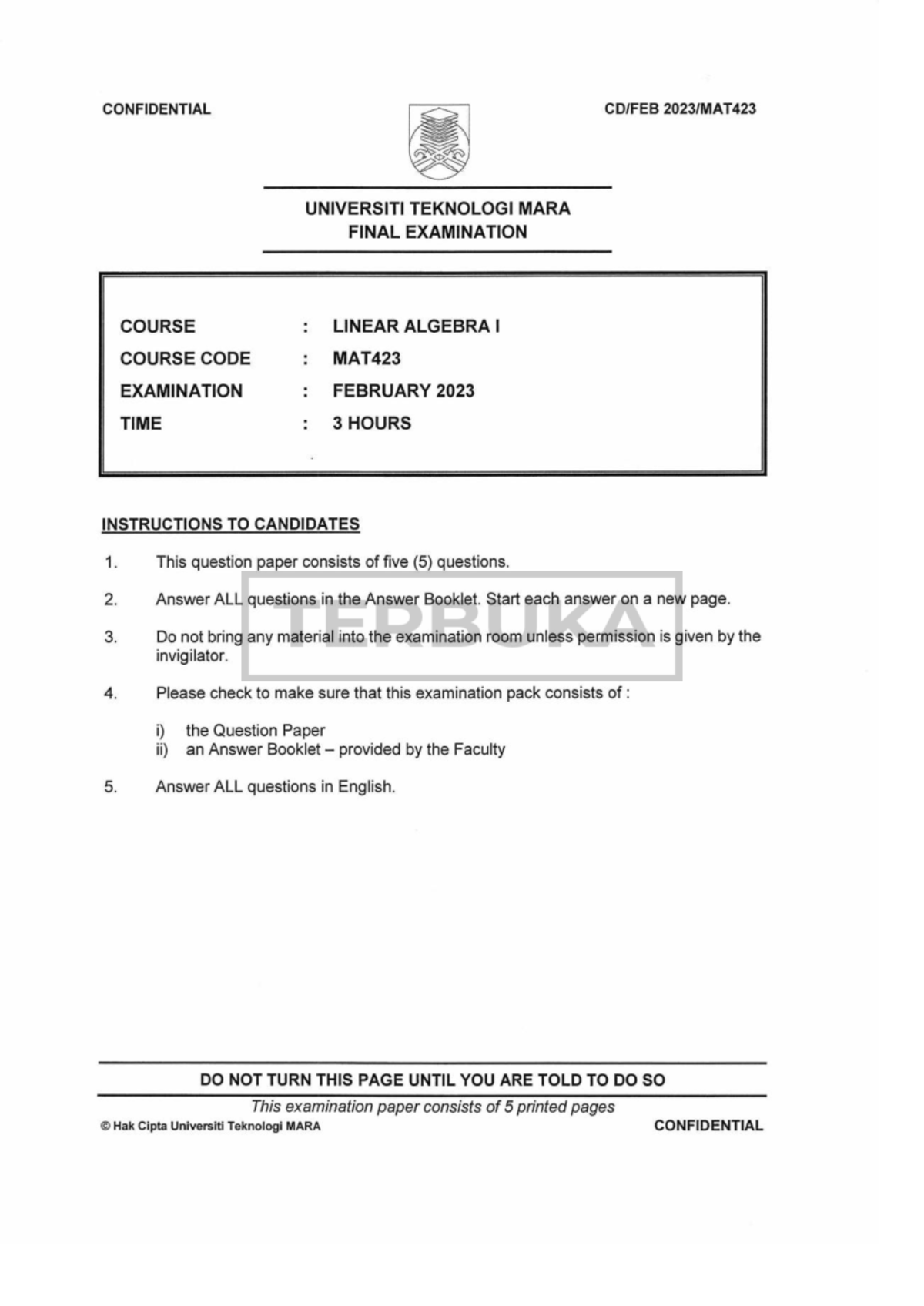 MAT423 Final Exam Paper - Linear Algebra I February 2023 - Studocu