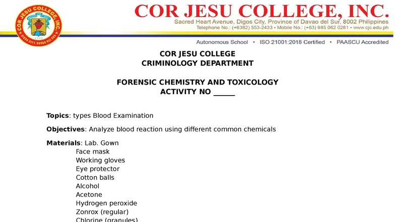 Forensic Chemistry & Toxicology Lab Activity: Blood Examination - Studocu