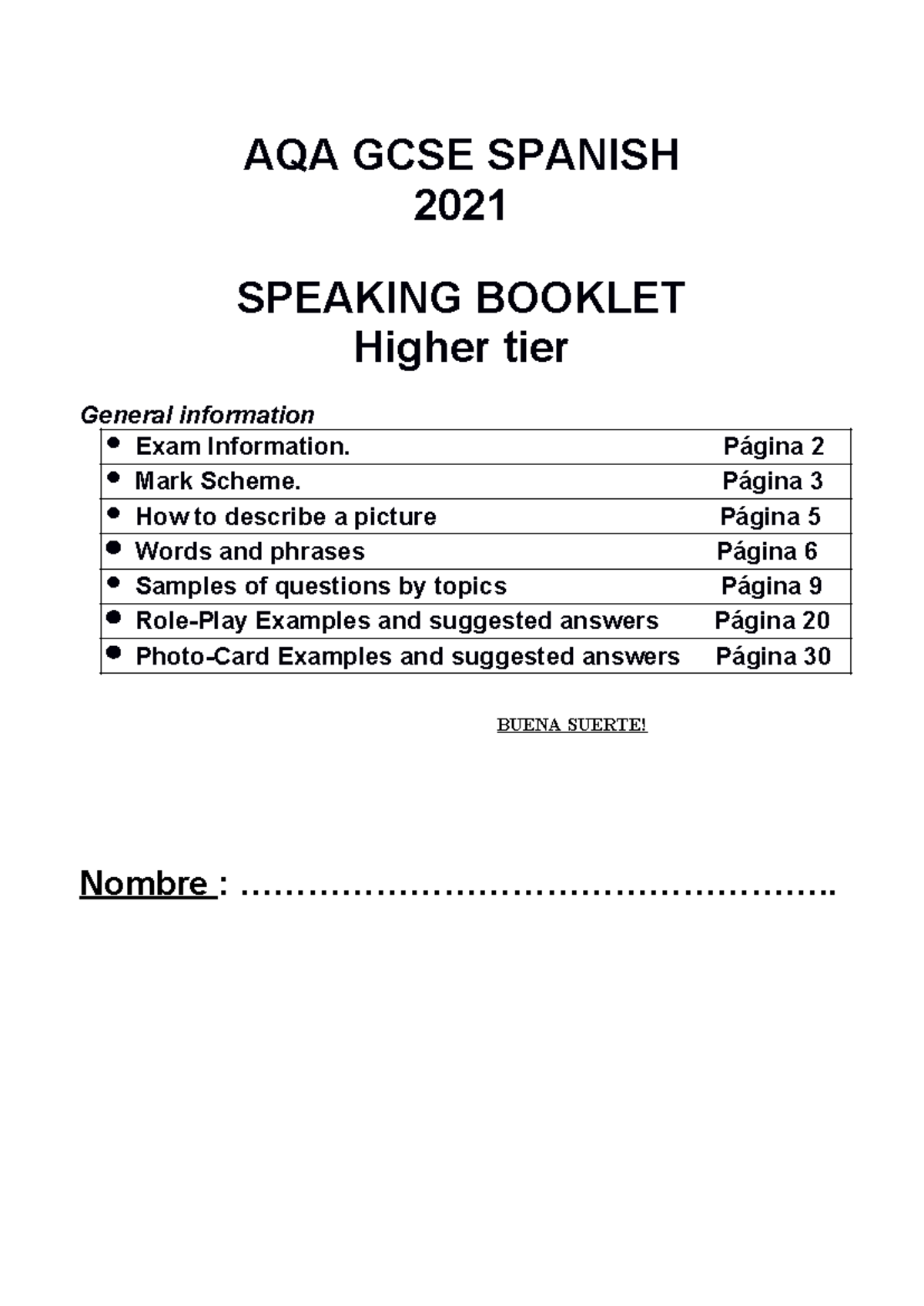 GCSE Spanish Higher Speaking Booklet - AQA Exam Preparation 2021 - Studocu