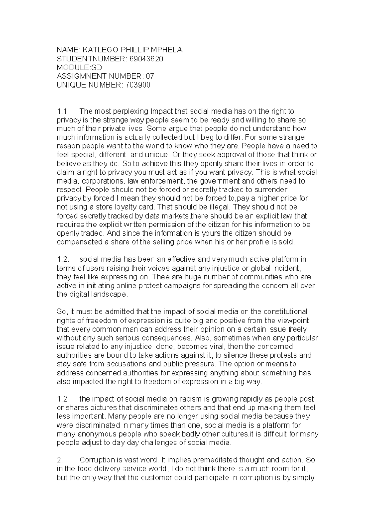 SJD ASS 07 - Assignment - NAME: KATLEGO PHILLIP MPHELA STUDENTNUMBER ...