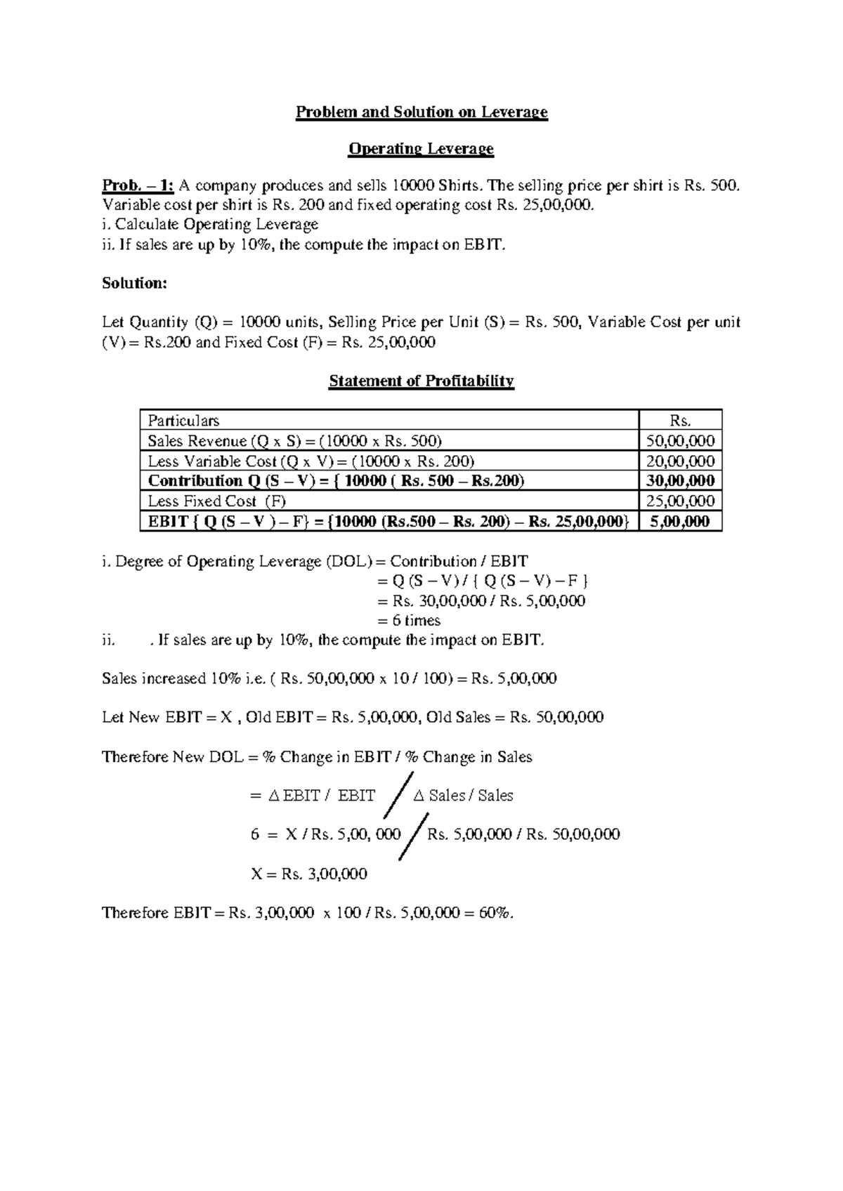 Operating and Financial Leverage Problems & Solutions (Study Document) - Studocu
