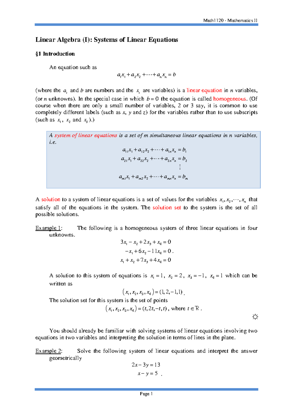 M1120 Linear Algebra (I) Lecture Notes: Systems of Linear Equations ...