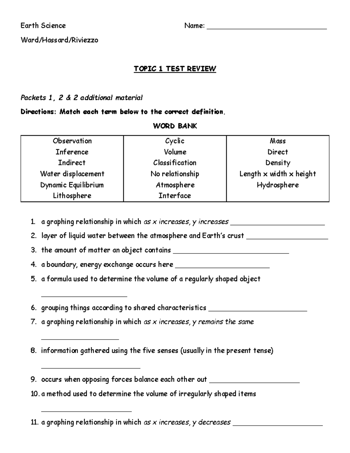 ESS 1 Test Review: Free Response Questions & Earth Science Concepts ...