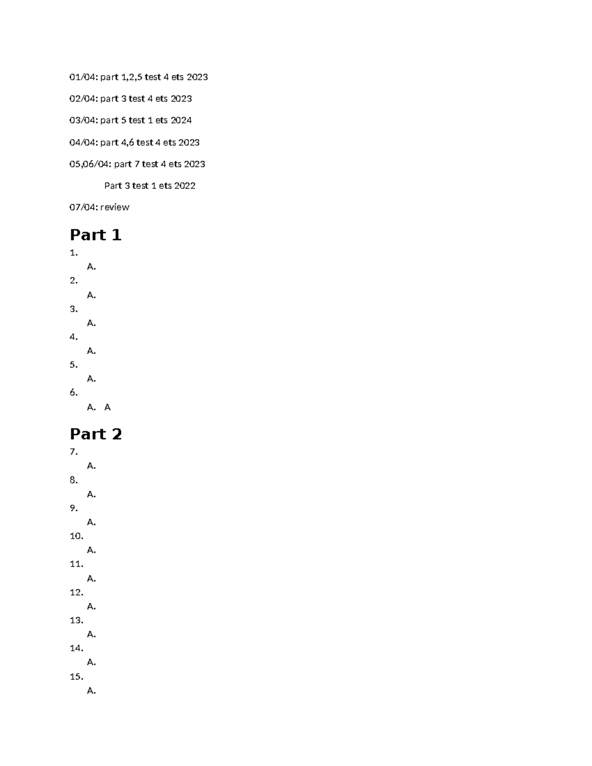 ETS TOEIC Answer Sheet for Test 4 & Test 1 (2023-2024) - Studocu
