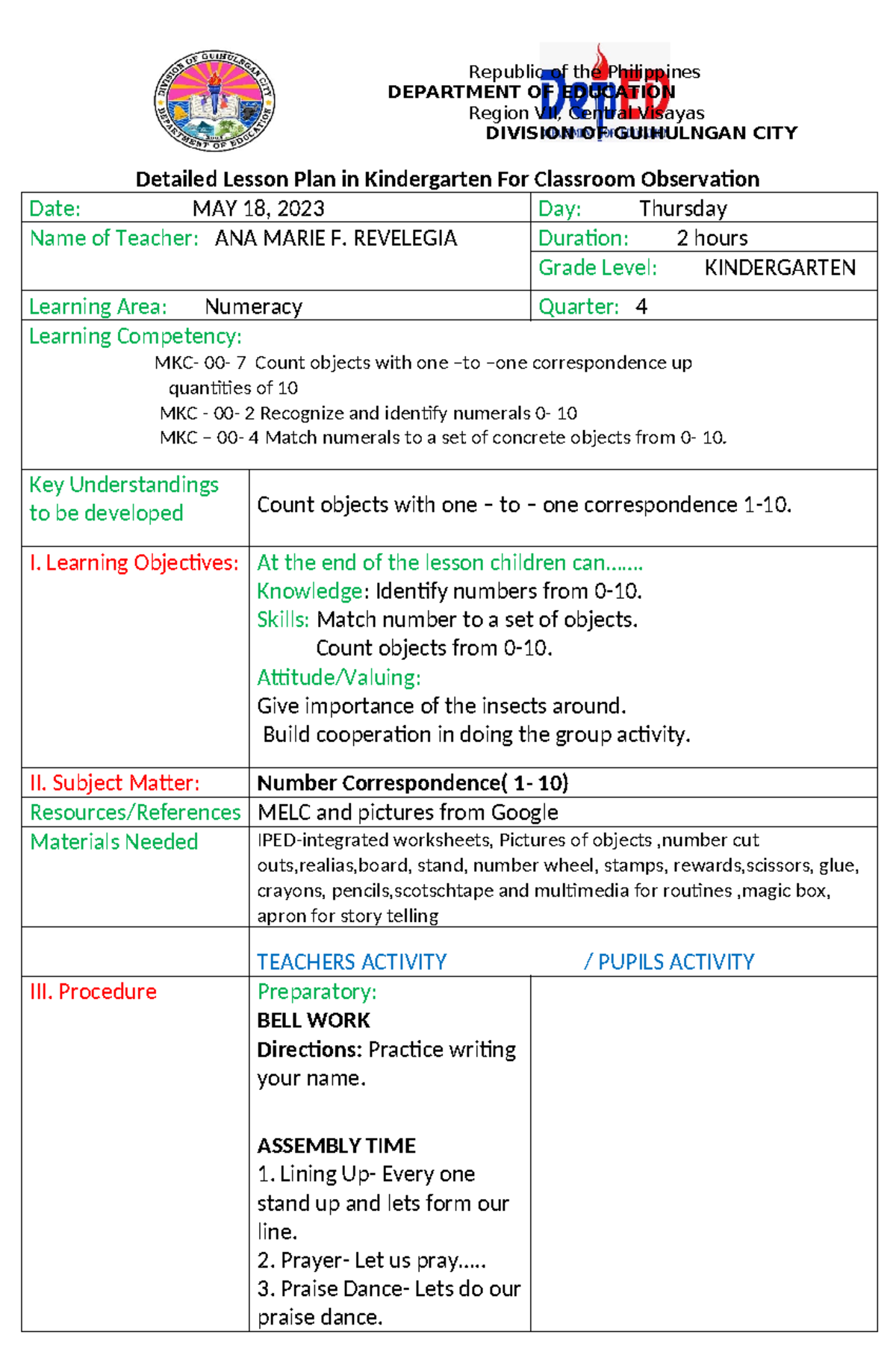 KINDERGARTEN 4th Qtr Detailed Lesson Plan: Numeracy Activities - Studocu