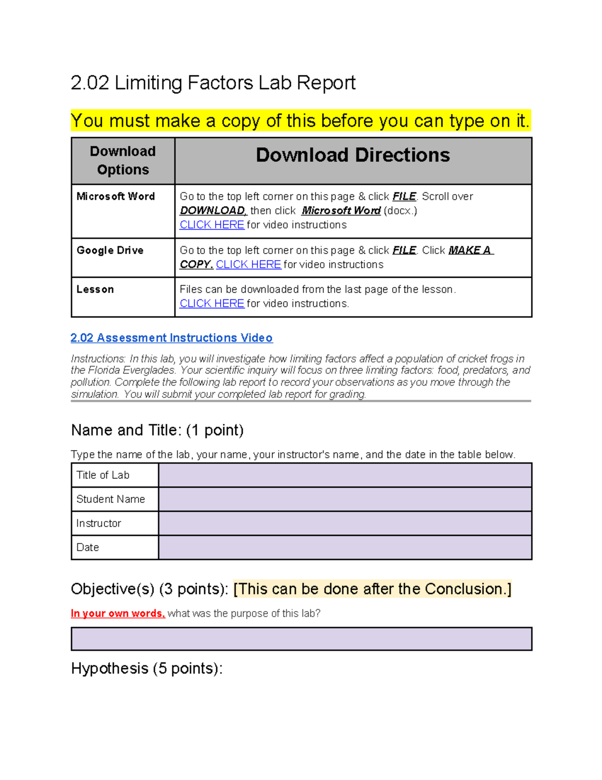 2.02 Lab Report on Limiting Factors Affecting Cricket Frogs - Studocu