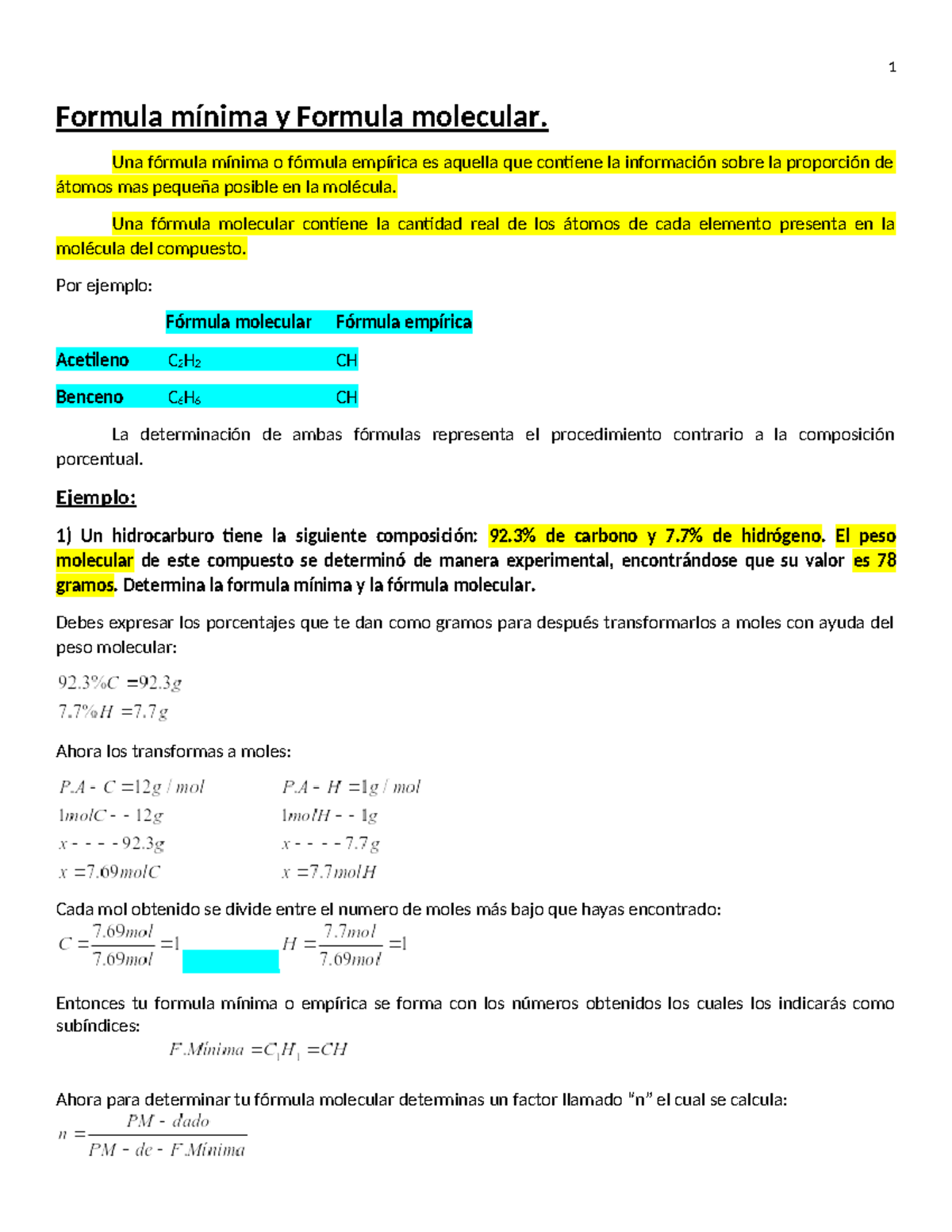 Fórmulas Mínimas y Moleculares en Química - Ejercicios y Ejemplos - Studocu